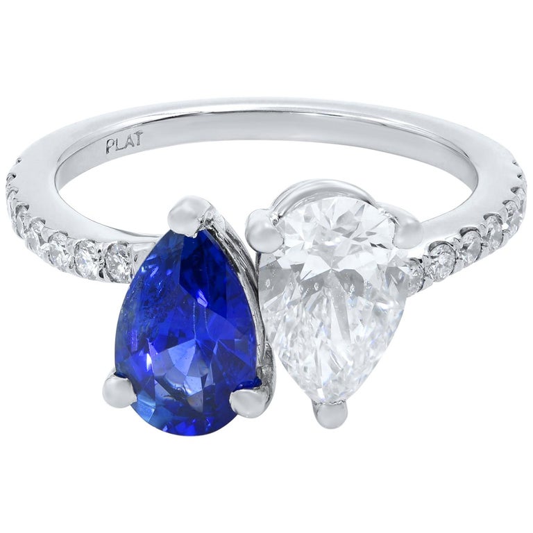 Sapphire Diamond Two-Pear Shape Cross Over Ring Platinum at 1stDibs