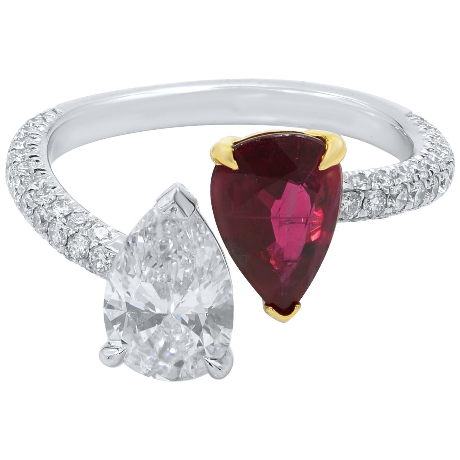 Sapphire Diamond Two-Pear Shape Cross Over Ring Platinum at 1stDibs