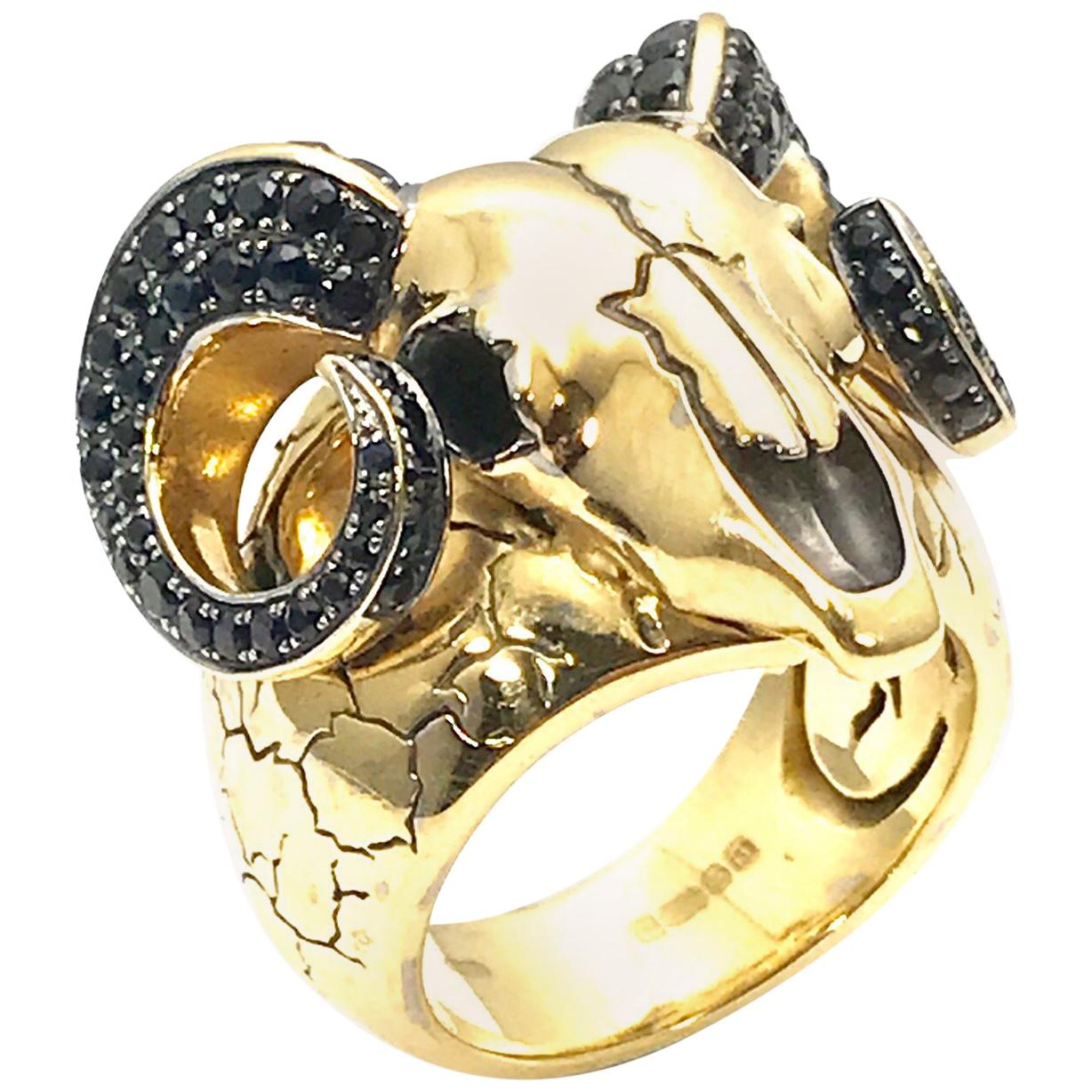 Stephen Webster Black Sapphire Ram 18 Karat Yellow Gold Ram Skull Ring ...