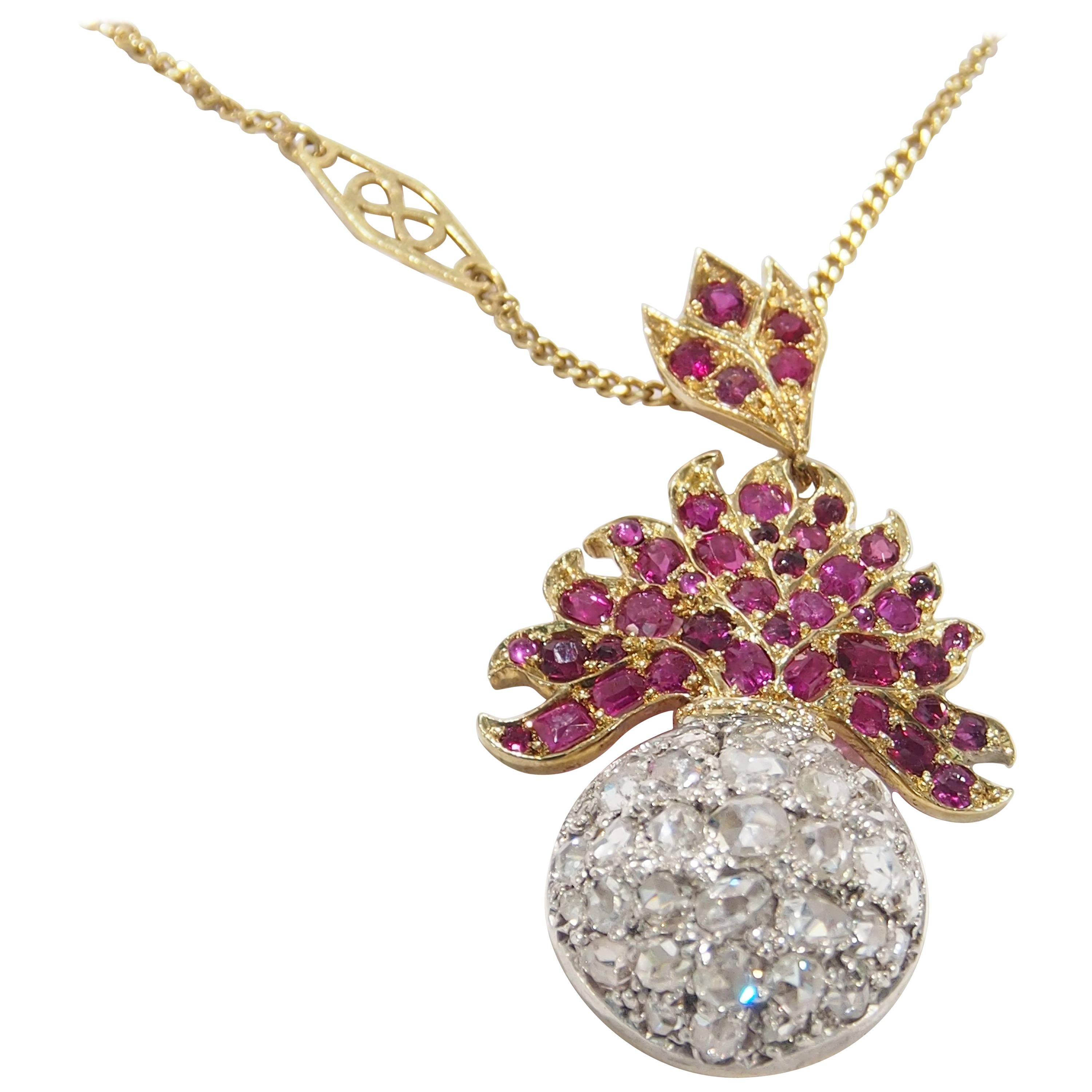 Oval Ruby Cabochon and Diamond Pendant Necklace in 18 Karat Yellow Gold ...