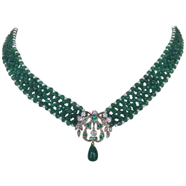 Woven Emerald and Pearl Necklace with Vintage Diamond and Emerald ...