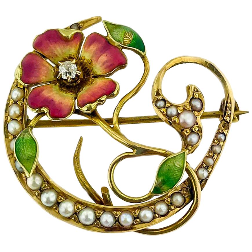 Late 1800s 18 Karat Longines Pearl Enamel Flower Lapel Pin Pendant ...