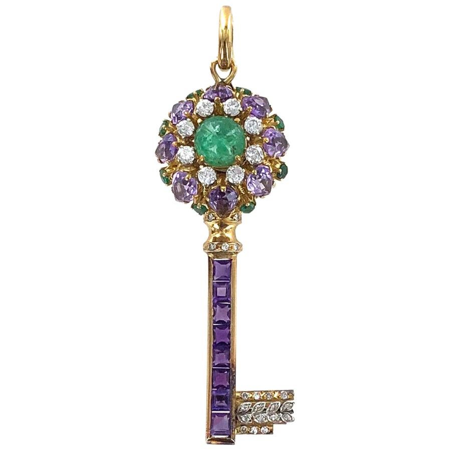 Vintage Diamond Emerald Amethyst 18 Karat Yellow Gold Key Pendant at ...