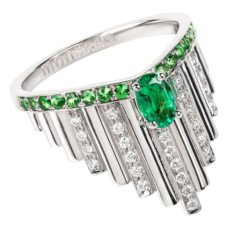 Monseo White Gold Emerald and Diamonds Art Deco Cocktail Ring For Sale ...