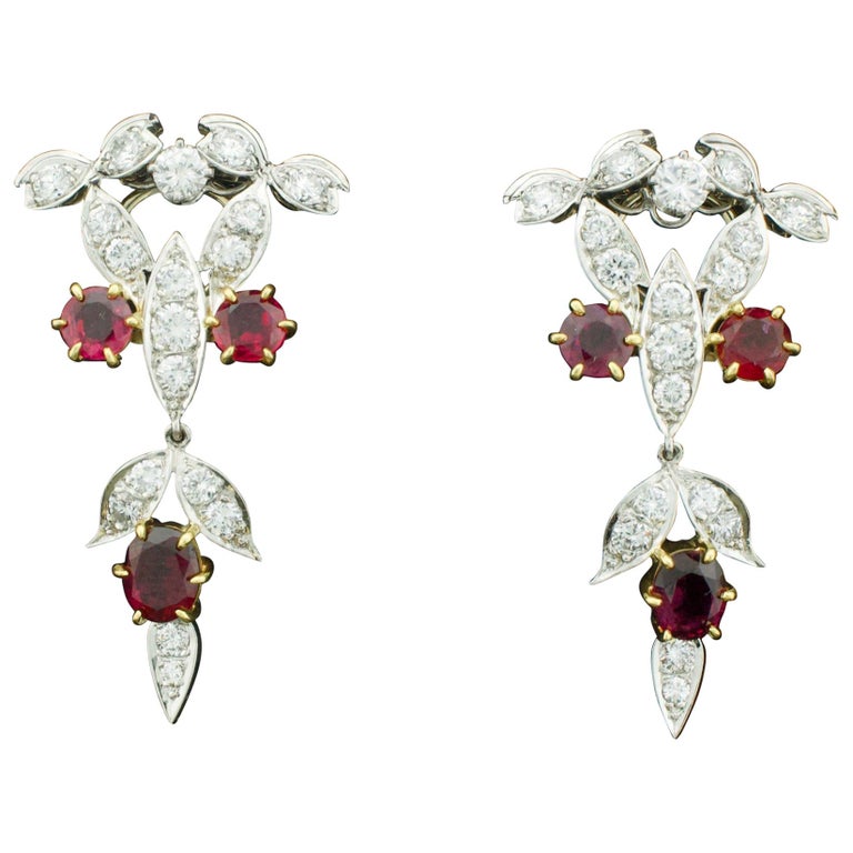 Dramatic Ruby and Diamond Dangling Earrings circa 1940s in Platinum and ...