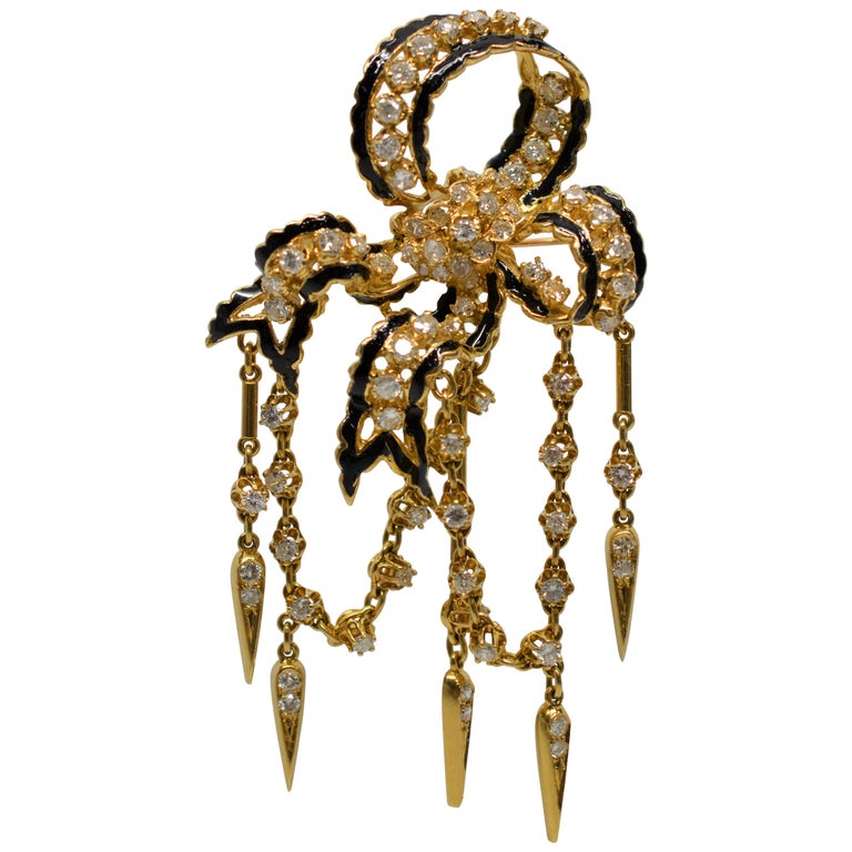 1950's Style 18K Yellow Gold Ribbon Brooch w Diamonds and Black Enamel ...