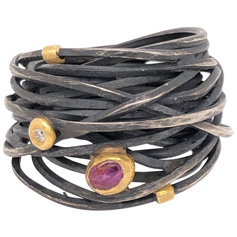 Boaz Kashi Oxidized Sterling Silver Gold Diamond and Ruby Ring at ...
