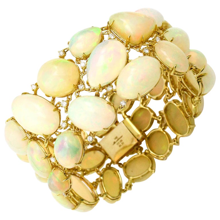 Moliva 117.05 Carat 14 Karat Yellow Gold Opal Diamond Wide Link ...
