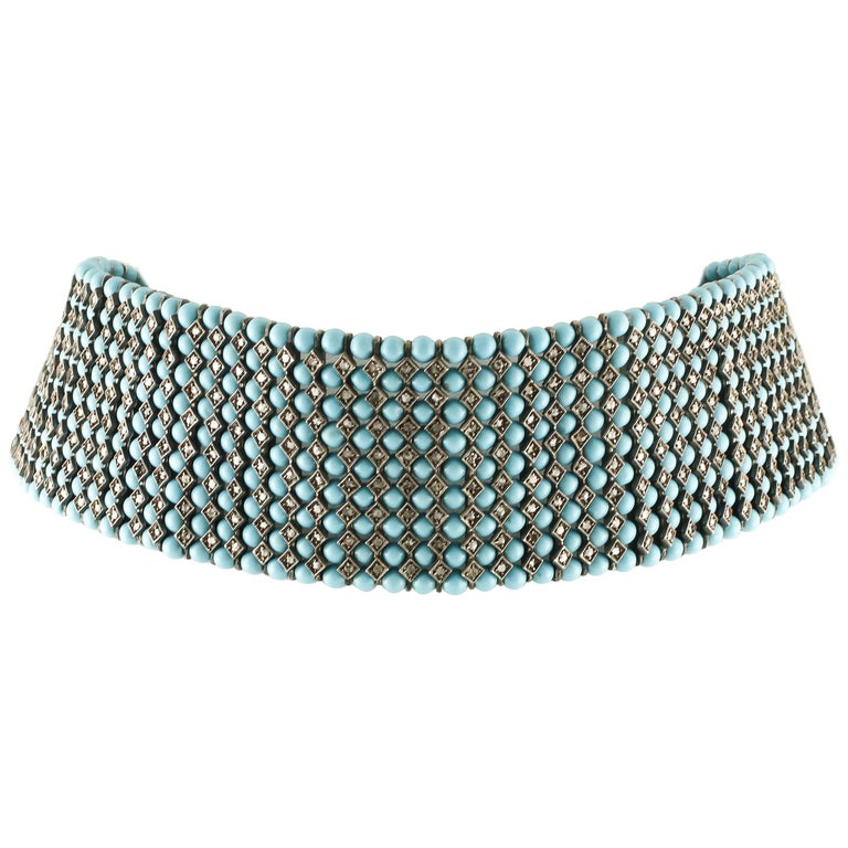 Turquoise, Diamonds, 9 Karat Rose Gold and Silver Beaded Choker ...