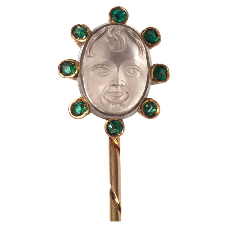 Antique Moonstone Cameo Child Head Emerald Gold Tie Stick Pin For Sale ...
