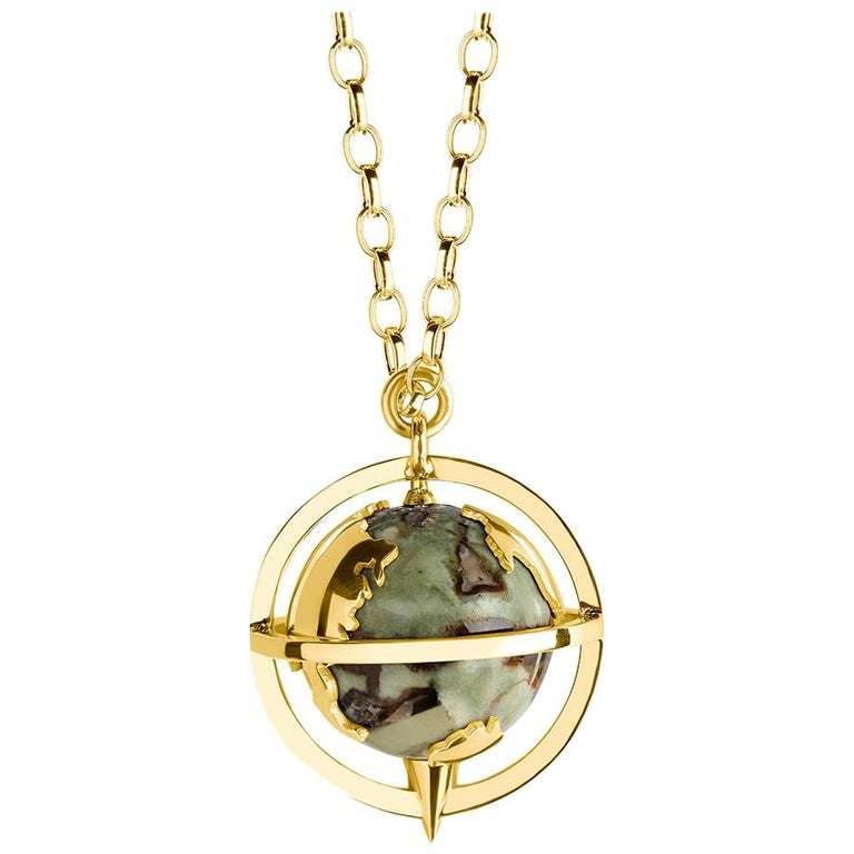 18ct Yellow Gold, Rhyolite and Diamond Globe World Pendant For Sale at ...