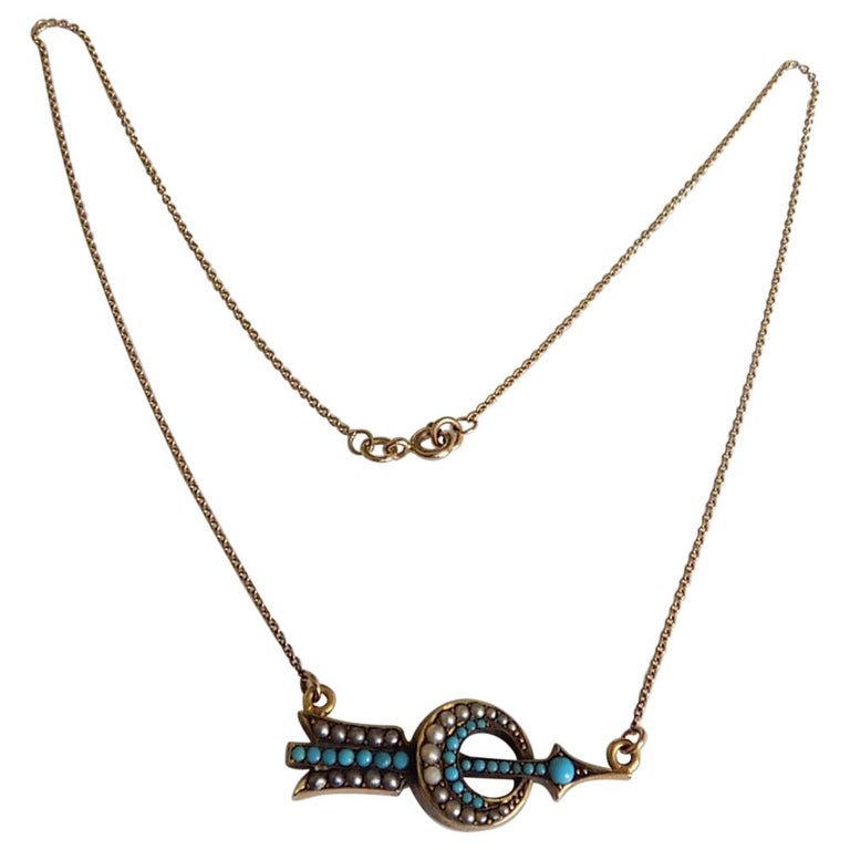 Victorian Gold Turquoise Pearl Arrow Target Crescent Necklace at 1stDibs
