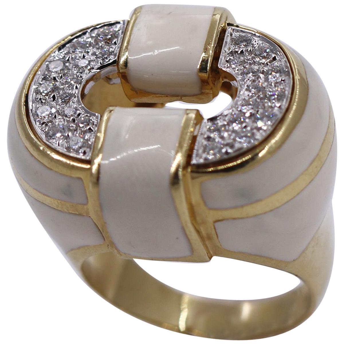Gold and Diamond Ring with Cream Colored Enamel For Sale at 1stDibs