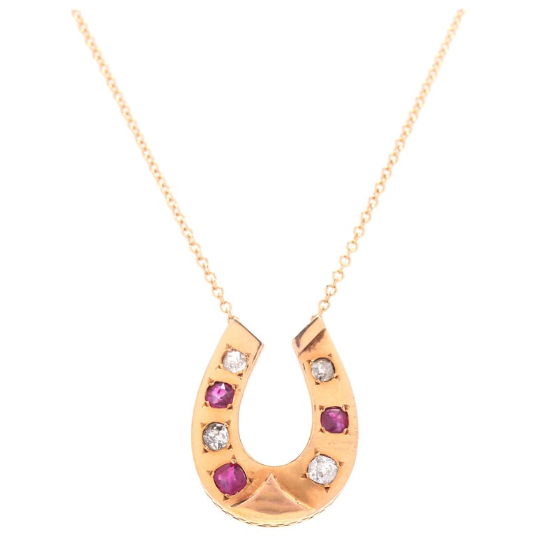 Victorian 18 Karat Yellow Gold Diamond and Ruby Horseshoe Conversion ...
