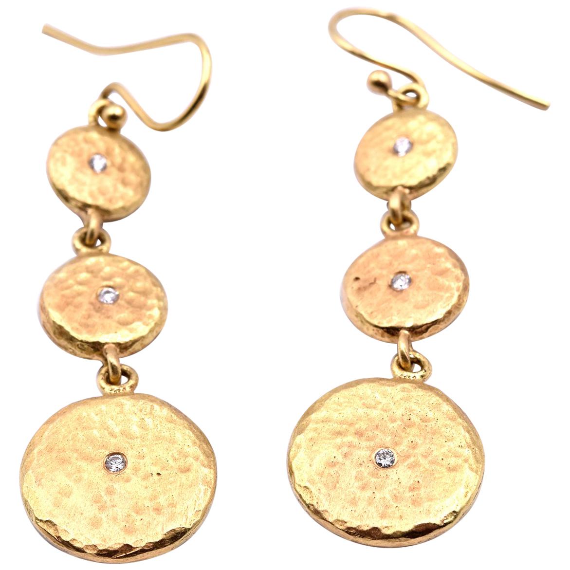 18 Karat Yellow Gold Hammered Diamond 3-Disc Drop Earrings at 1stDibs