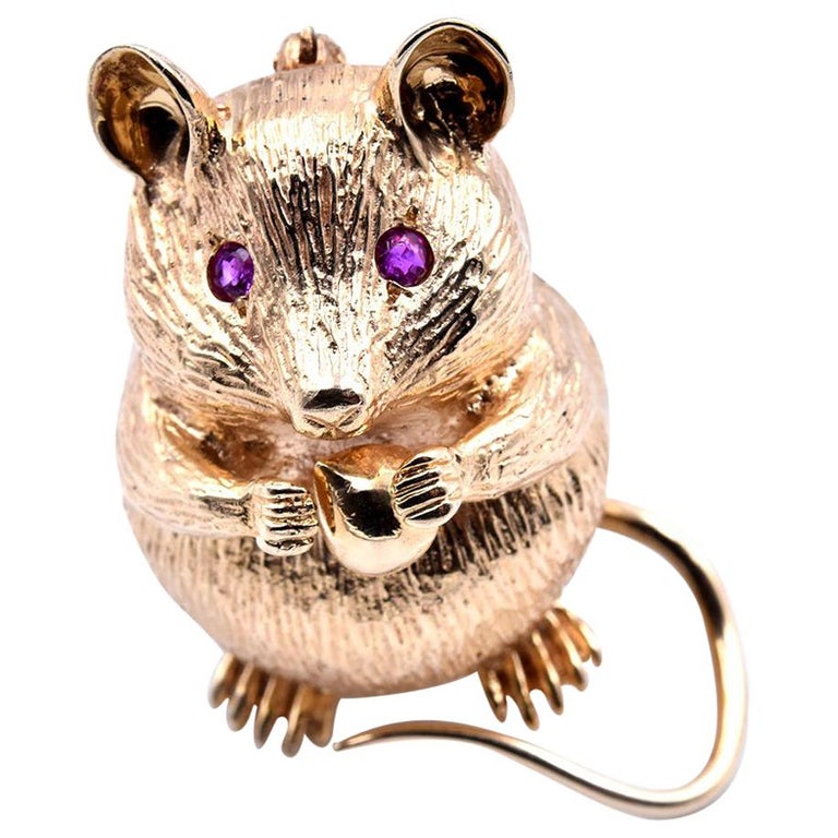 14 Karat Yellow Gold 3-Dimensional Mouse with Morsel Pin at 1stDibs