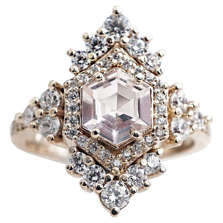 Hexagon Morganite Diamond Yellow Gold Engagement Ring For Sale at 1stDibs