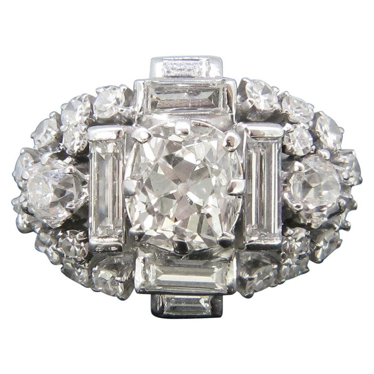 Vintage Rectangular Cushion Cut Baguette Diamond Platinum Ring at ...