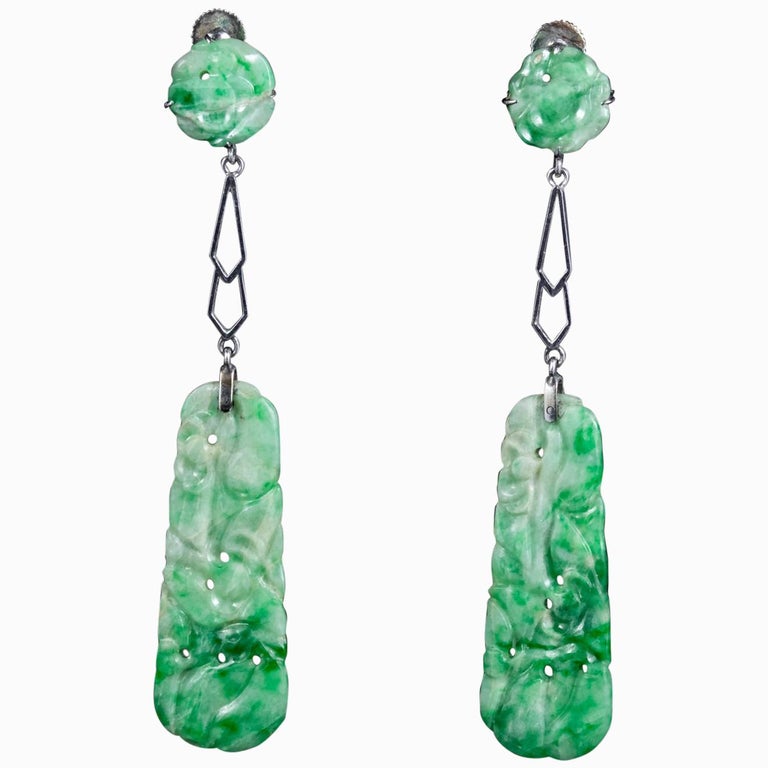 Art Deco Jade Drop Earrings 9 Carat White Gold, circa 1920 For Sale at ...