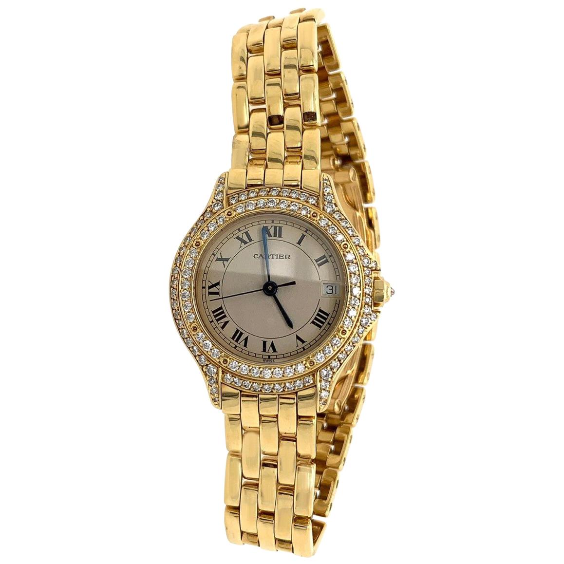 CARTIER Diamond Gold Bracelet Watch For Sale at 1stDibs