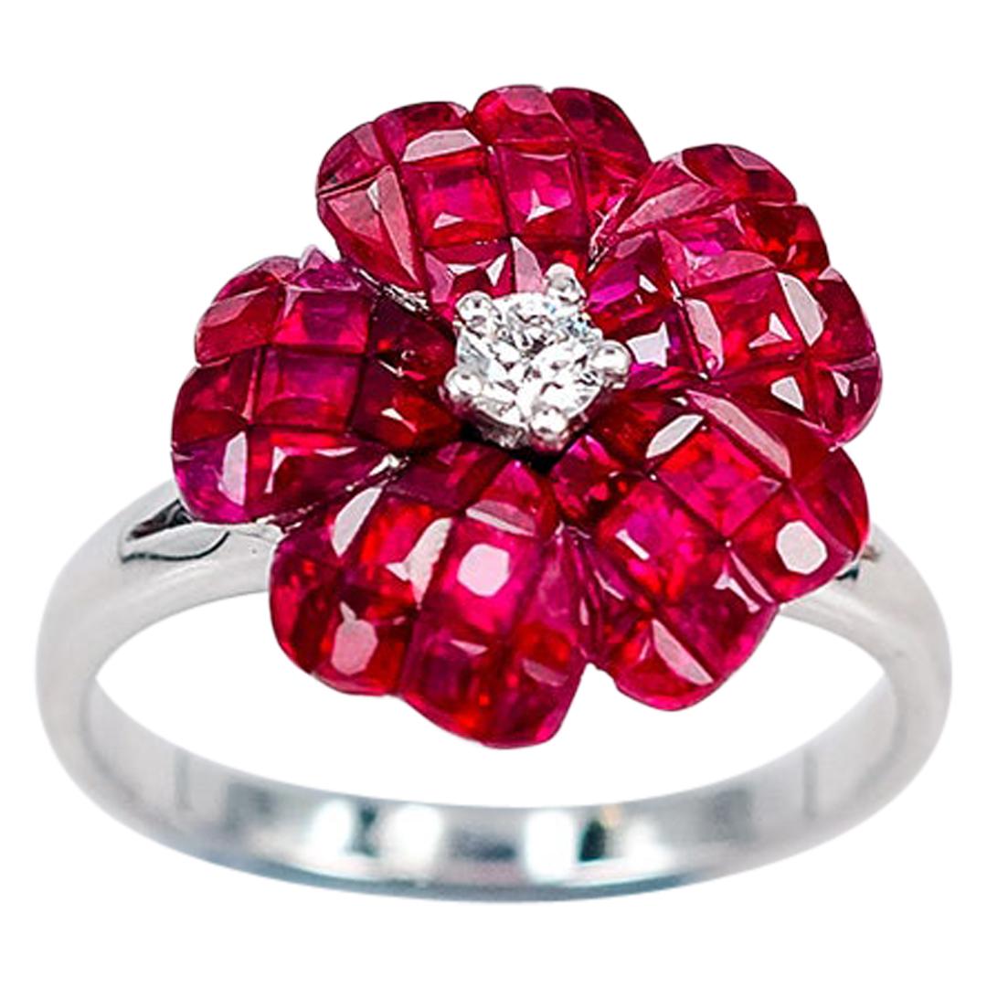 18 Karat White Gold Flower Invisible Ruby Ring at 1stDibs