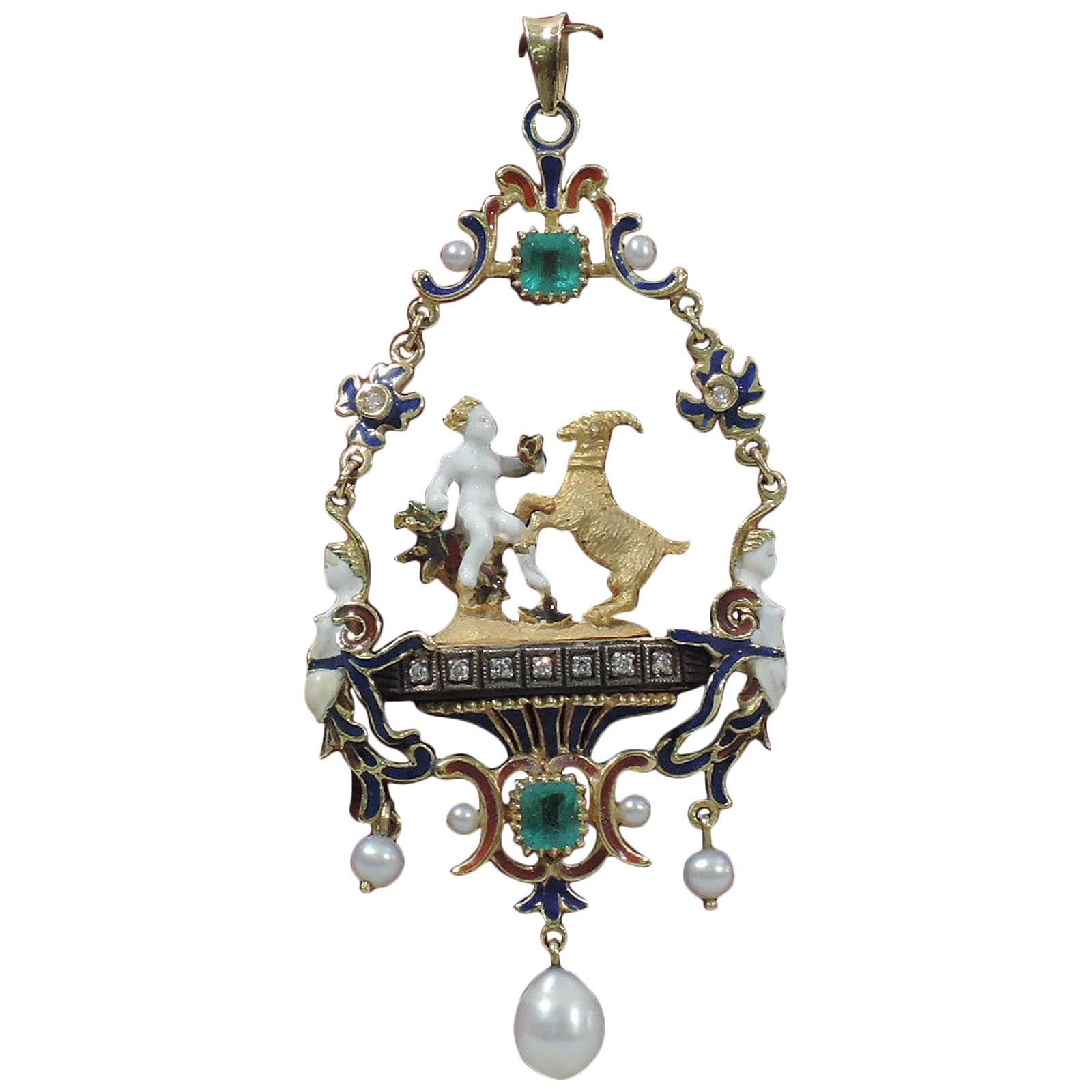 Renaissance Revival Gold and Enamel Pendant with Pearls and Emeralds ...
