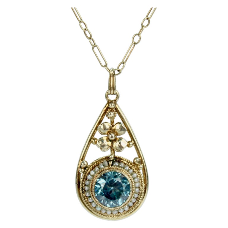 Vintage 14 Karat Gold Blue Topaz and Pearl Teardrop Shape Necklace For ...