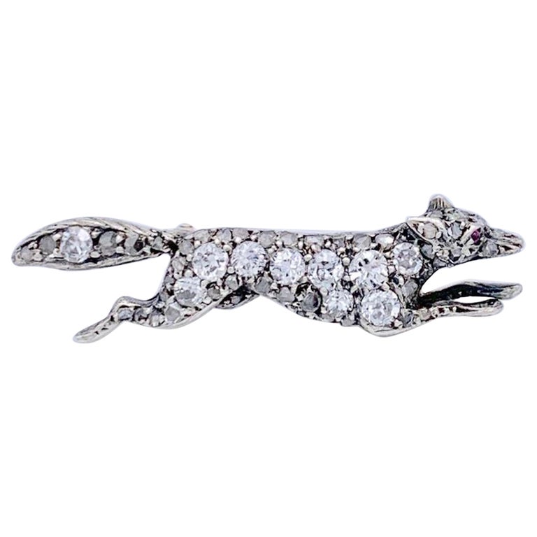 Antique Victorian Fox Brooch Diamond Ruby 15 Karat Gold Silver For Sale ...