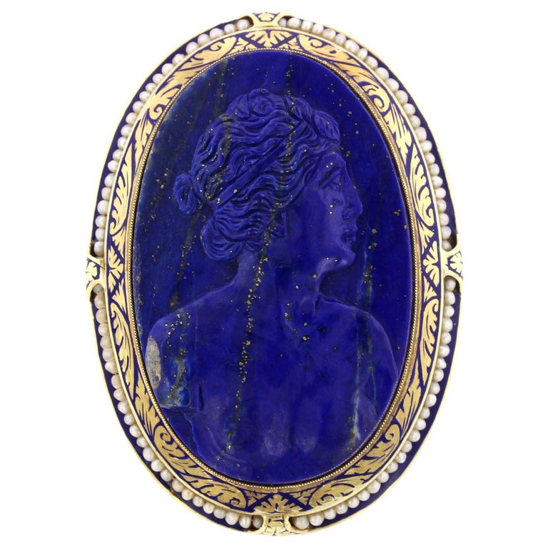 Antique 14 Karat Yellow Gold Carved Lapis Cameo Brooch Pendant at 1stDibs