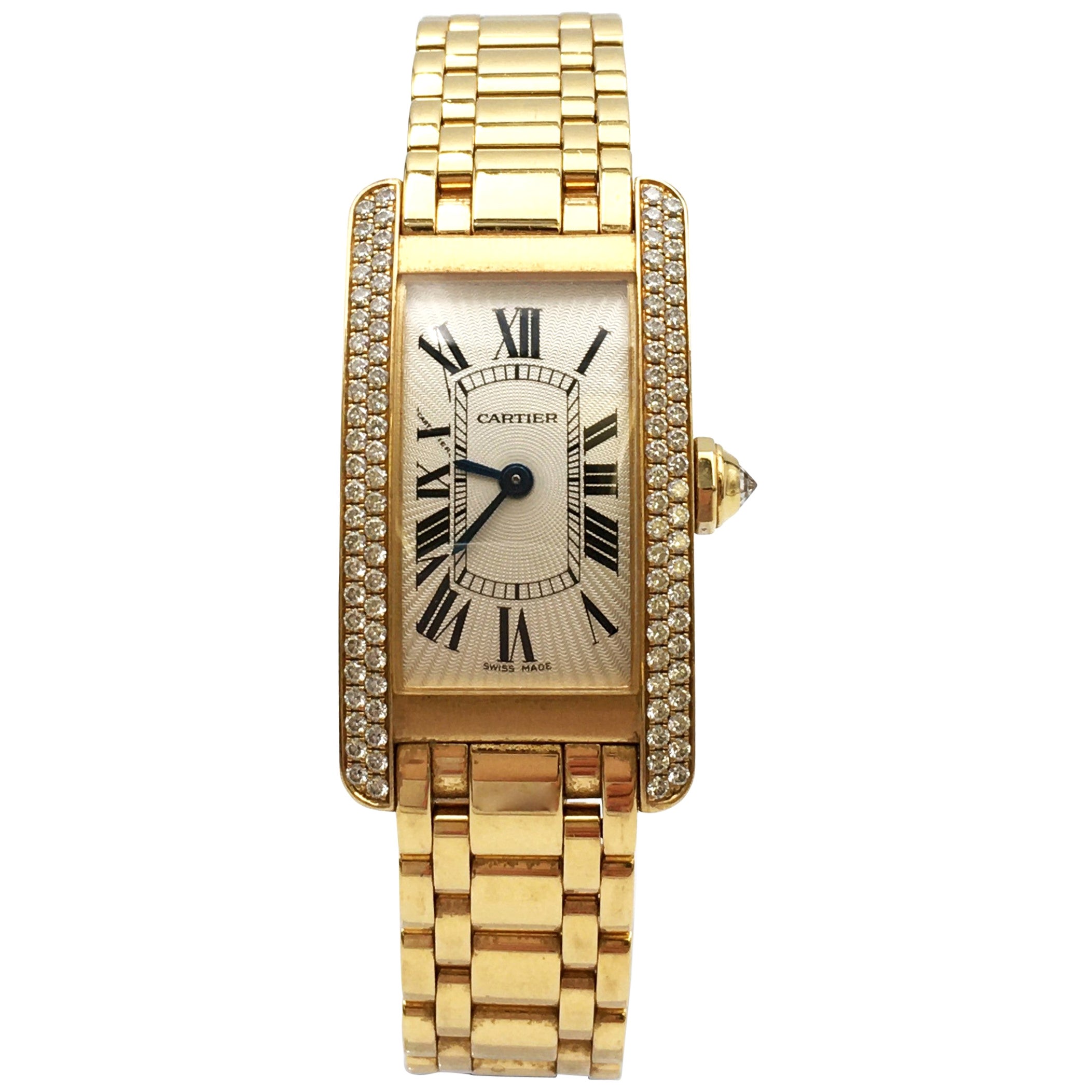 Cartier American Tank Diamond Bezel Yellow Gold Watch at 1stDibs