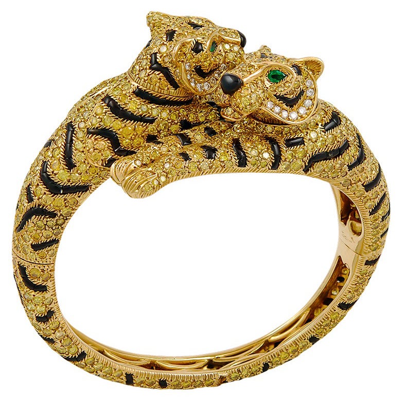Cartier Diamond and Enamel Yellow Gold Bangle Tiger Bracelet For Sale ...