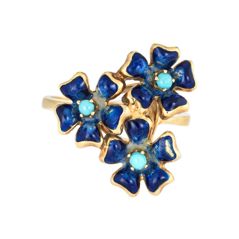Vintage 3 Flower Posey Ring Blue Enamel Turquoise 18 Karat Gold Fine ...