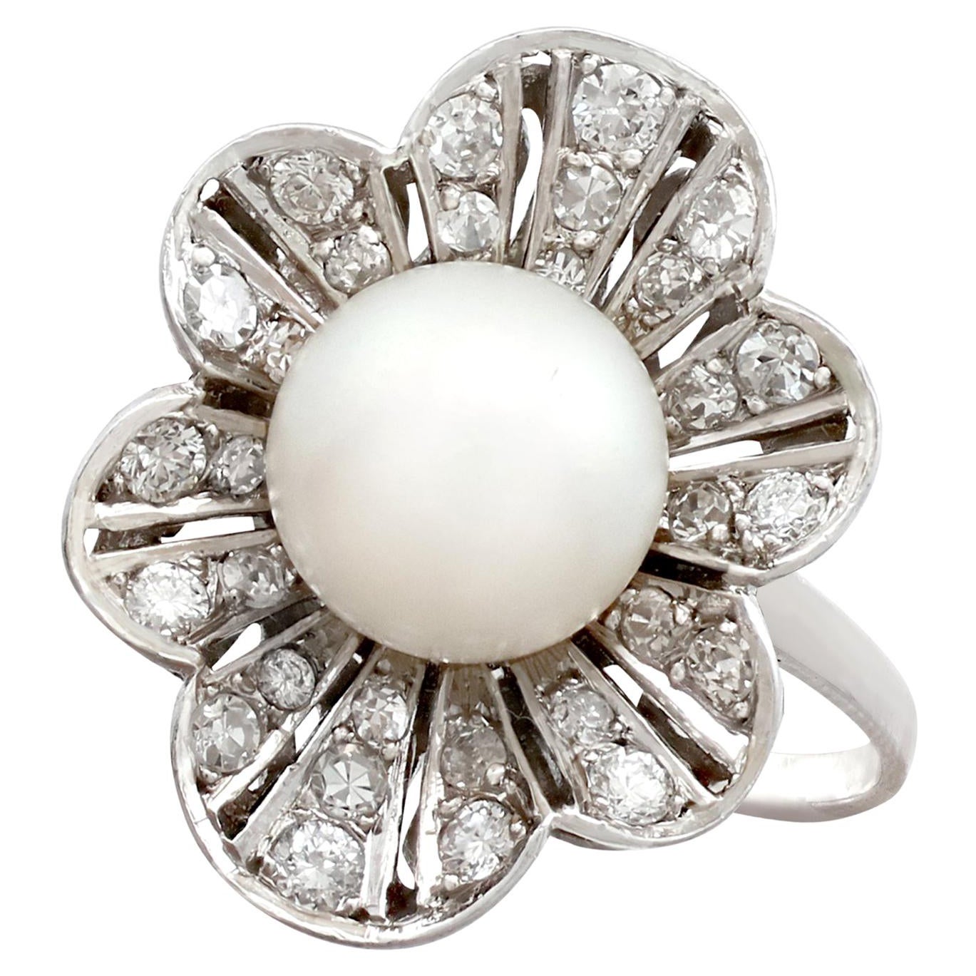 Cultured Pearl Diamond Platinum Triple Cluster Ring For Sale at 1stDibs