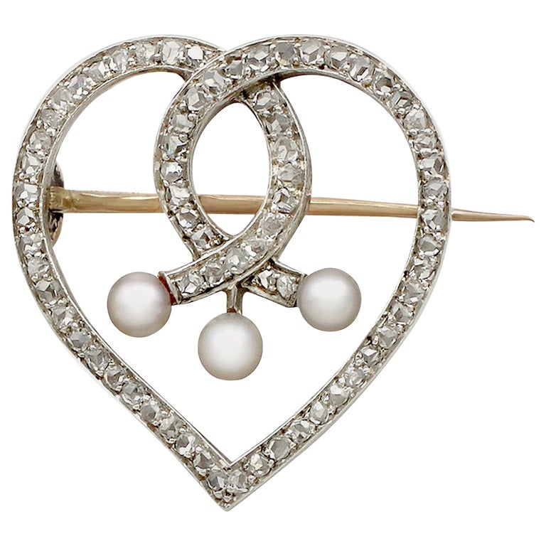 Antique 1890s Diamond Seed Pearl Yellow Gold Heart Brooch For Sale At
