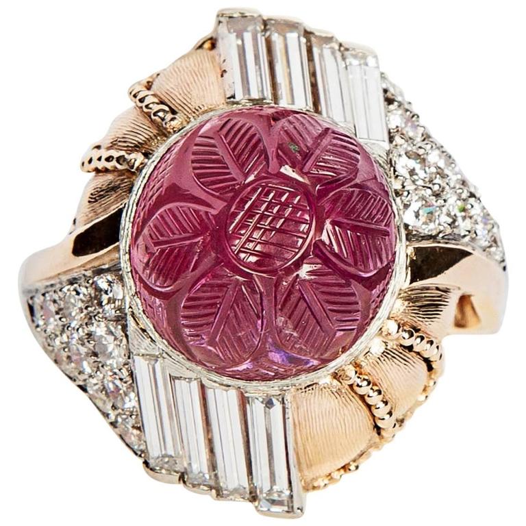 1950s CJ Auger Carved Cabochon Ruby Diamond Gold Platinum Cocktail Ring ...