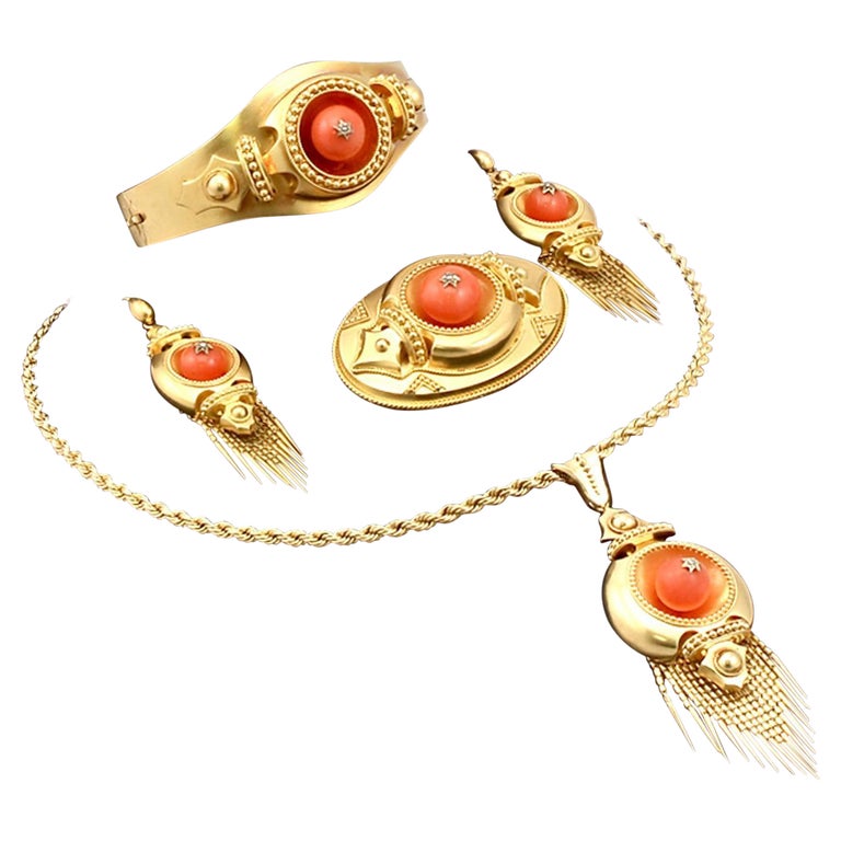 Antique Victorian 20.25 Carat Coral and Diamond Yellow Gold Jewelry Set ...