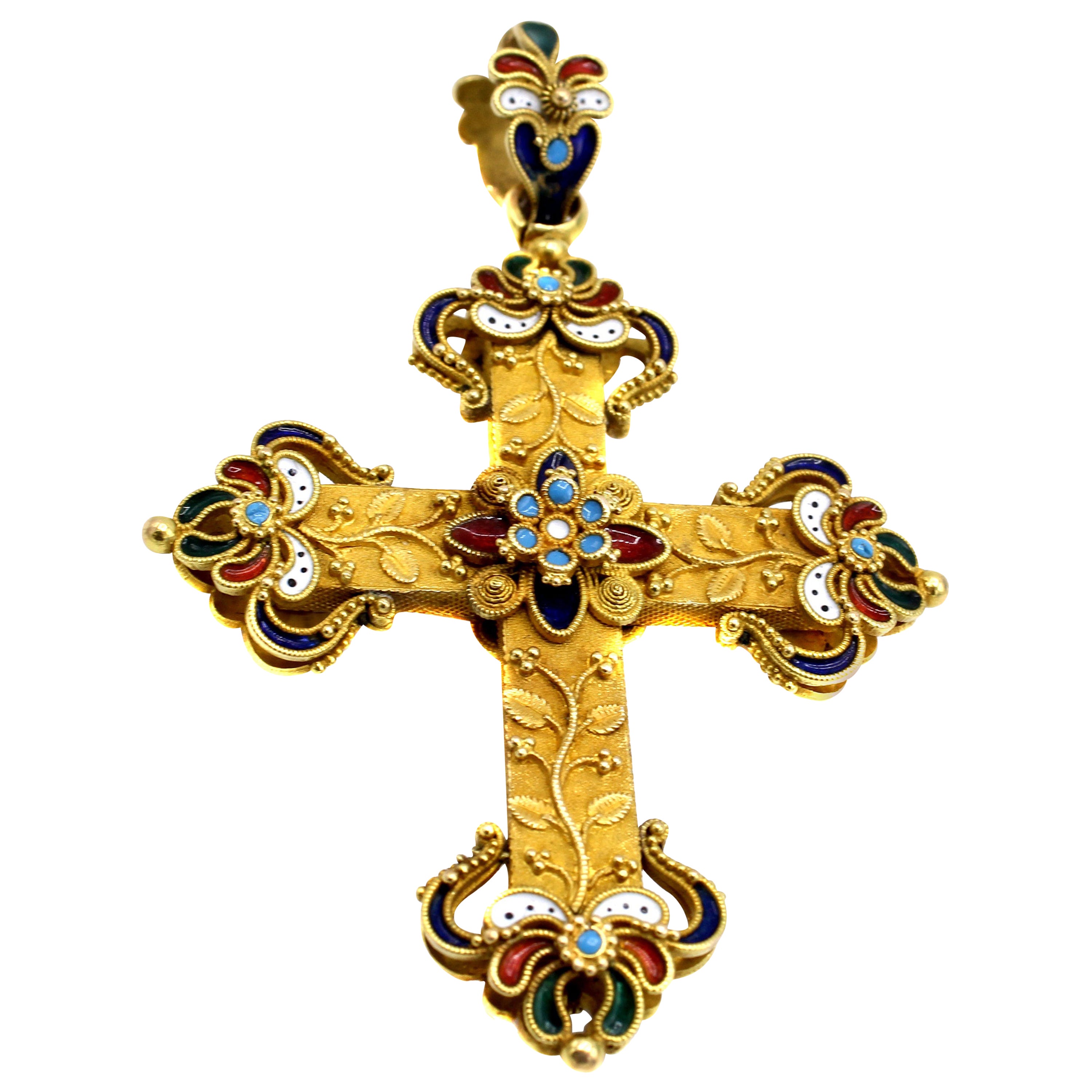 Enamel Gemstone Granulated Gold Cross Pendant For Sale at 1stDibs