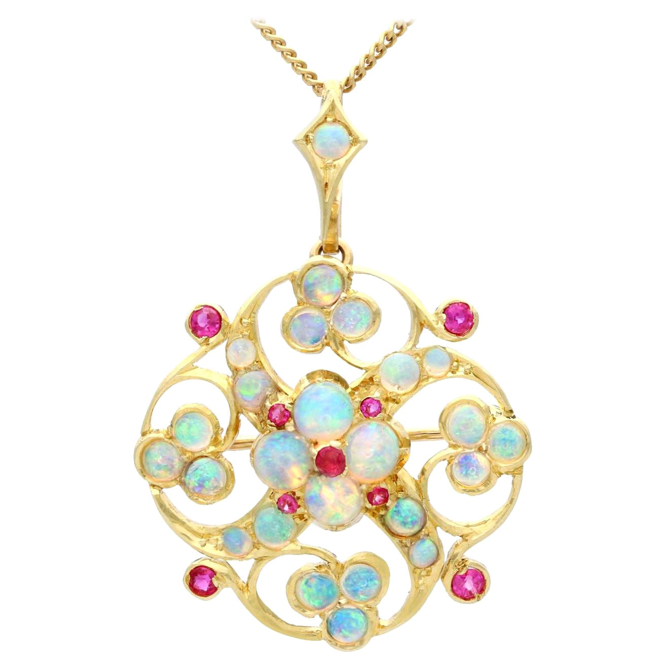 Art Deco Style Opal Diamond and Ruby Pendant in Platinum For Sale at ...