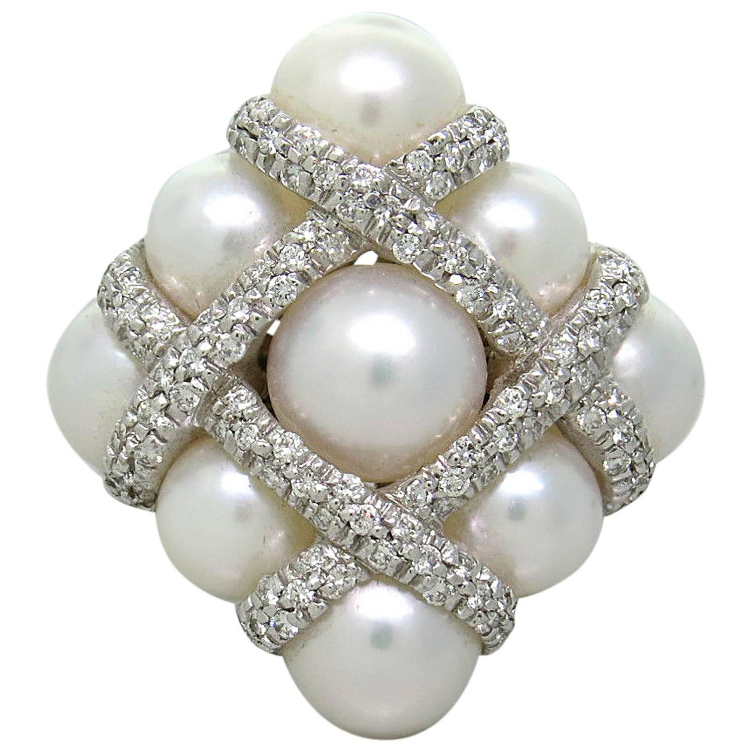 Mikimoto Pearl Diamond Gold Cocktail Ring at 1stdibs