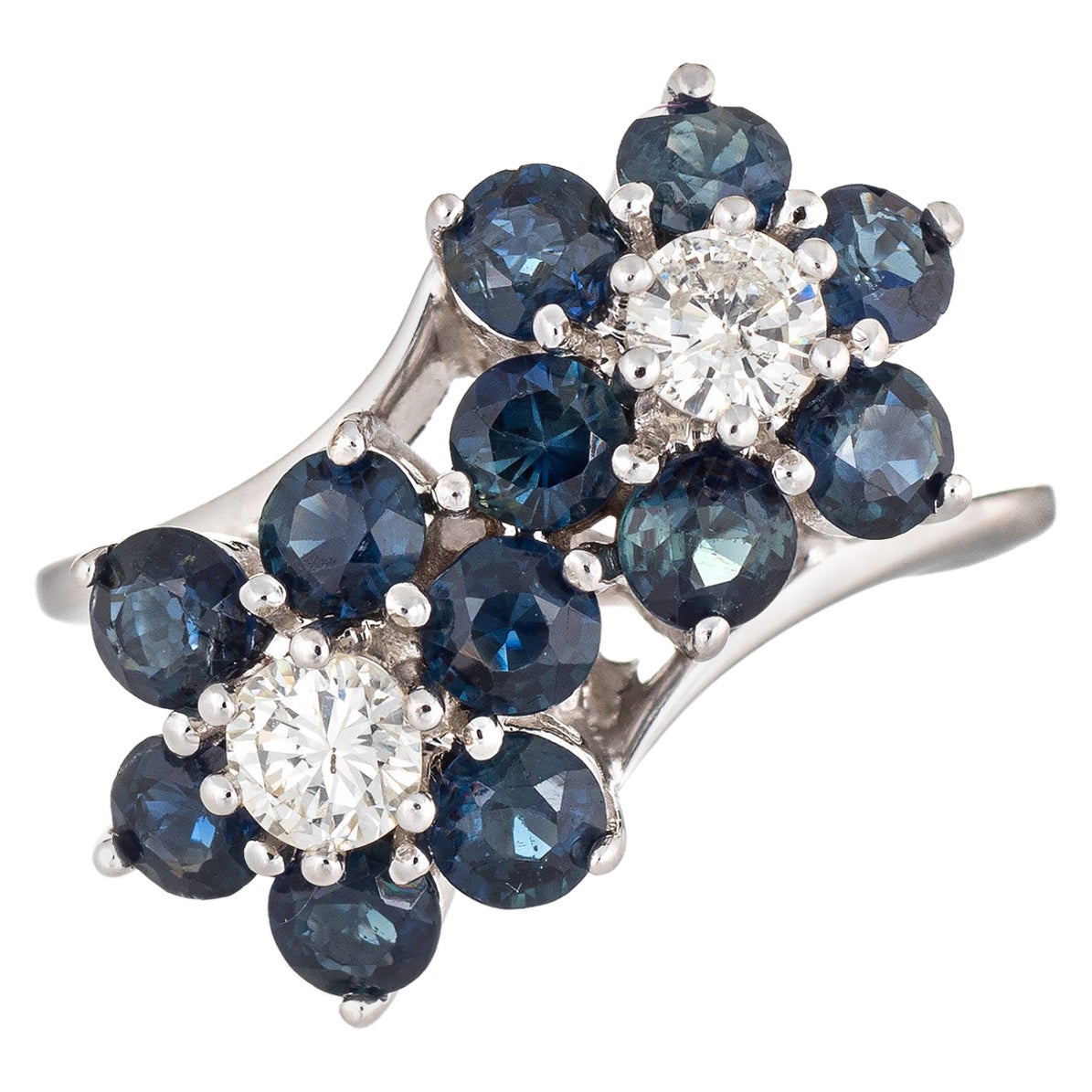 1.29 Carat Oval Blue Sapphire and Diamond Flower Toi et Moi Ring 14 ...