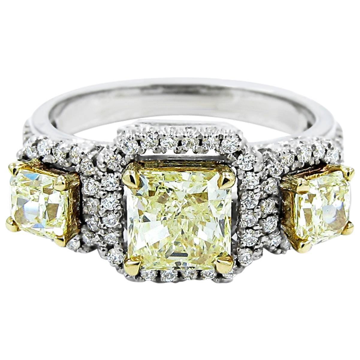 Fancy Yellow Diamond 3 Stone Engagement Ring For Sale at 1stdibs