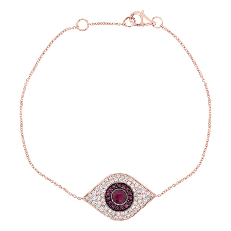 14 Karat Rose Gold 0.37 Carat Diamond and Ruby Evil Eye Bracelet For ...