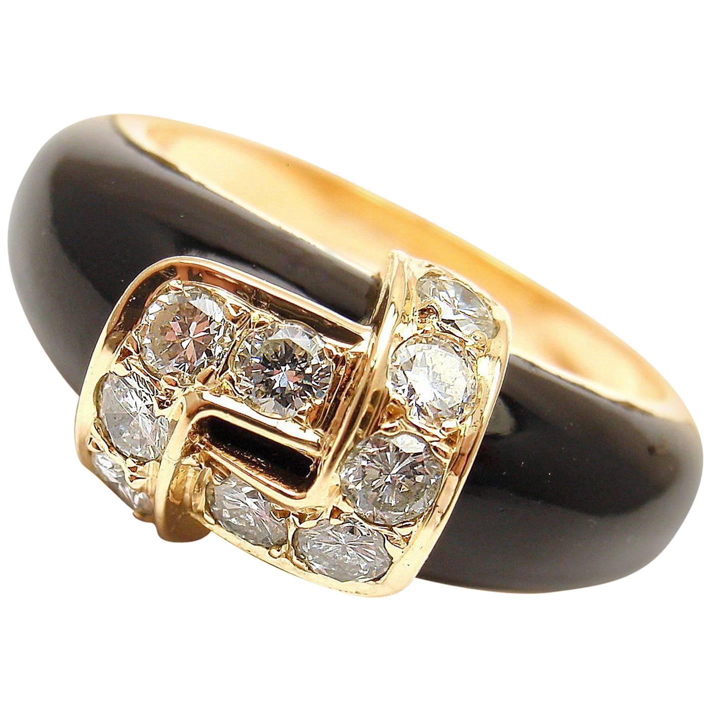 Van Cleef and Arpels Black Onyx Diamond Gold Band Ring at 1stdibs