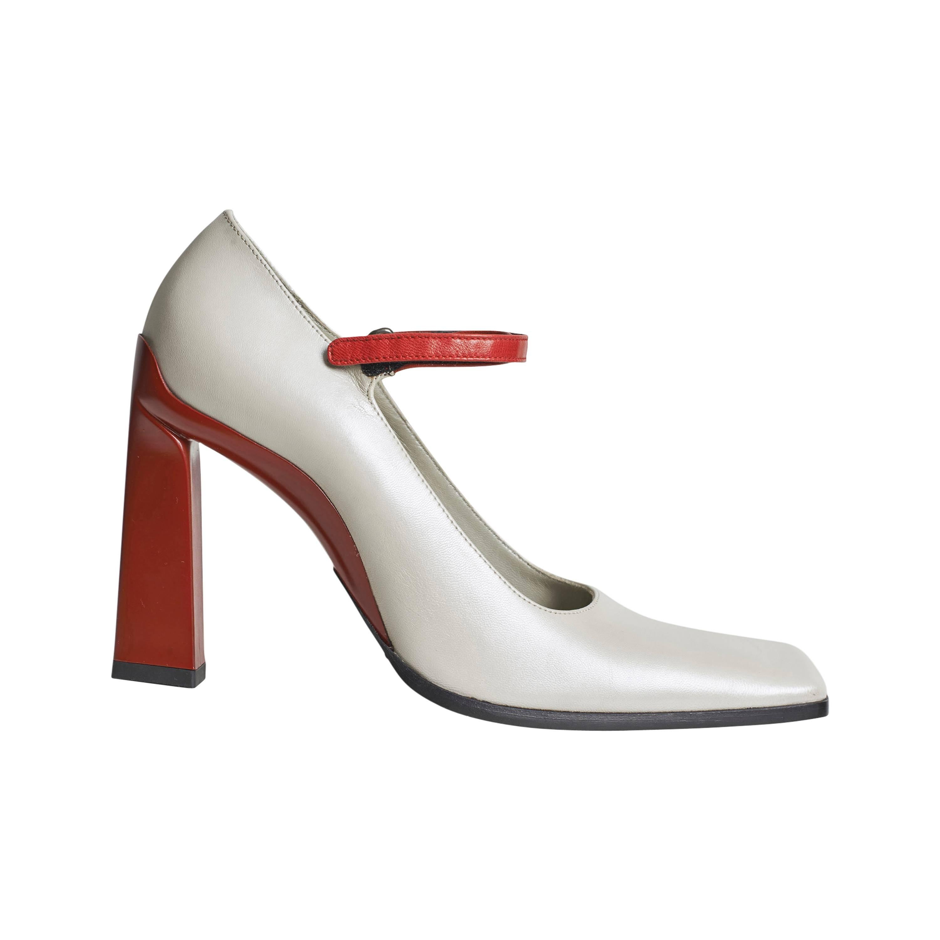 Prada Bright Ivory and Red Heel Leather Shoes For Sale at 1stDibs