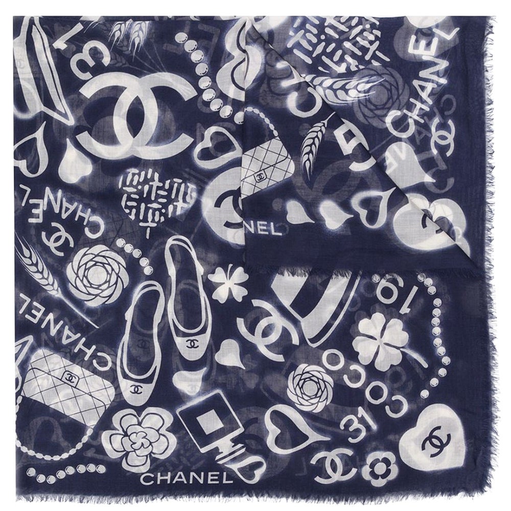 Chanel Navy Cashmere Motif Print Scarf For Sale at 1stDibs