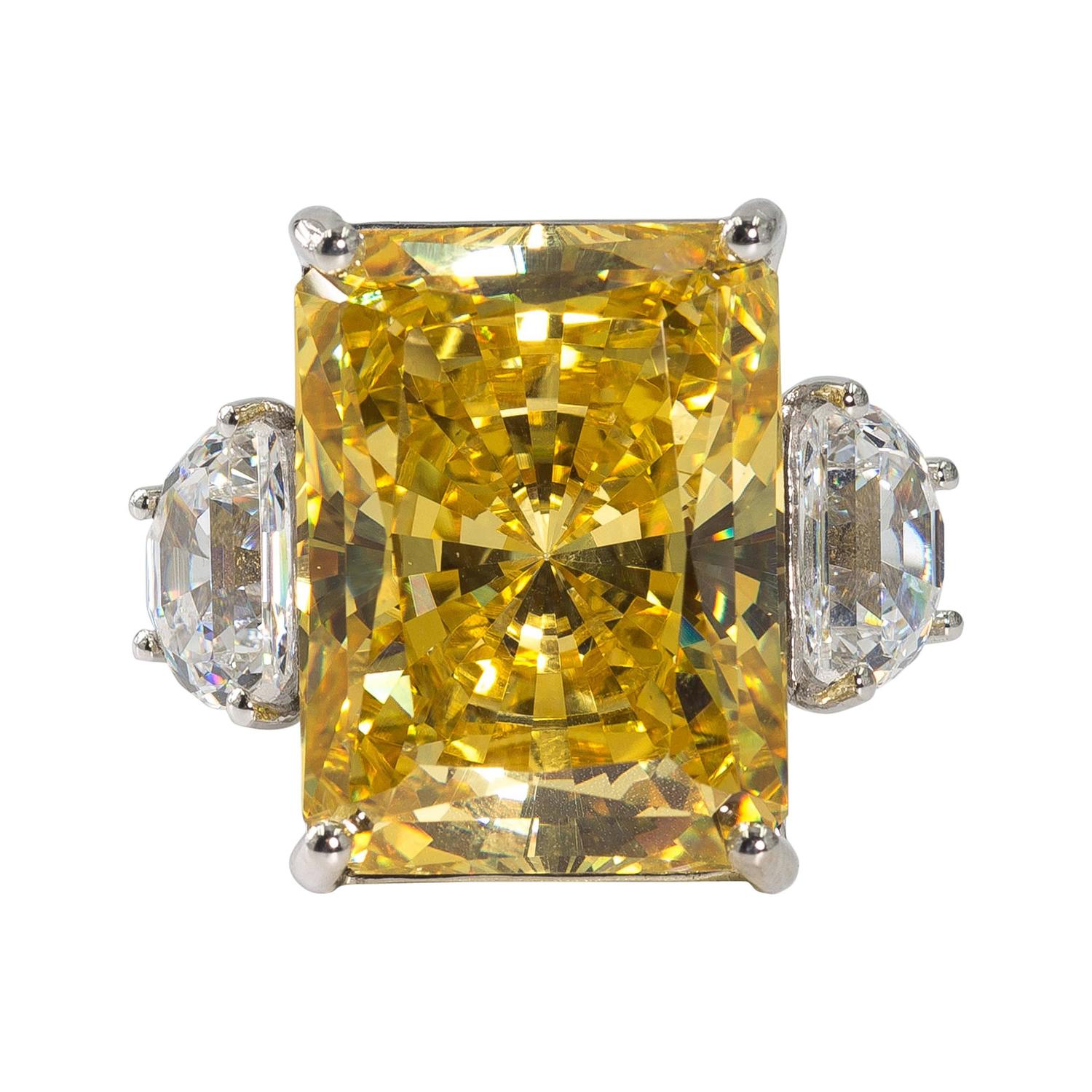 Magnificent Faux Canary Yellow 15 Carat Radiant Cut Diamond Ring at 1stdibs