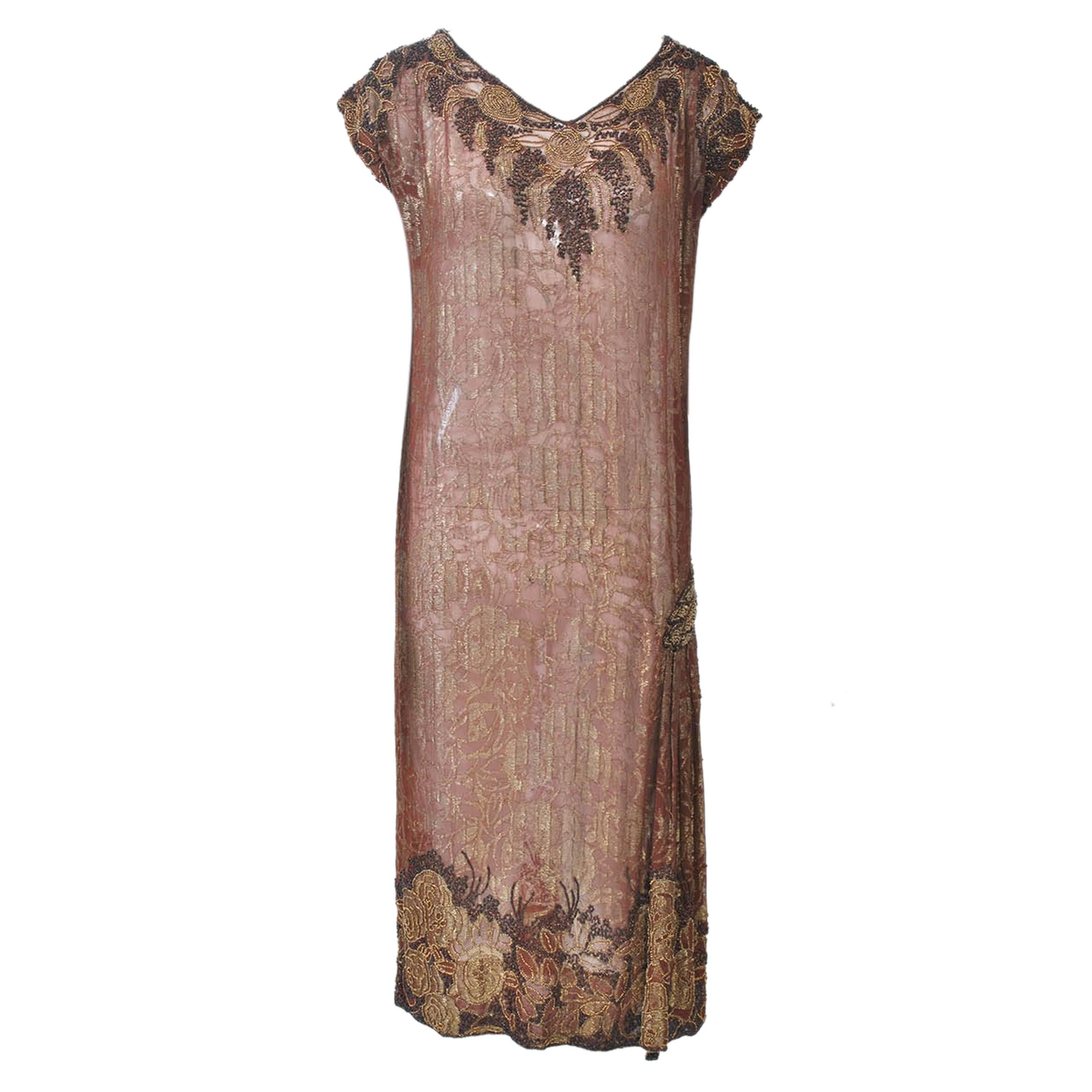 1920s Sheer Brown Beaded Dress For Sale at 1stDibs