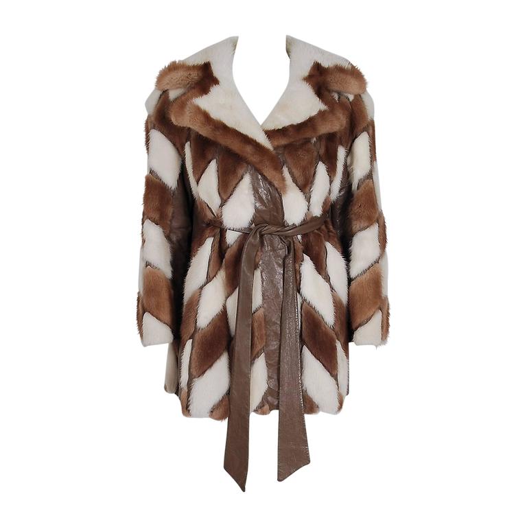 1960's Gorgeous Ivory-White and Brown Patchwork Mink-Fur Leather Belted ...