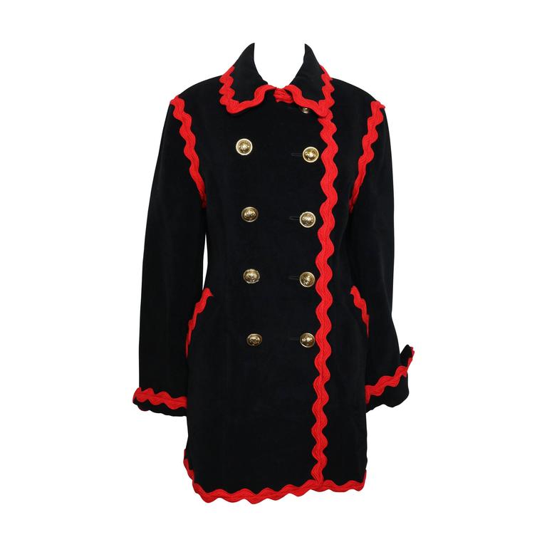 Moschino Black Wool Red Piping Trim Double Breasted Coat at 1stDibs