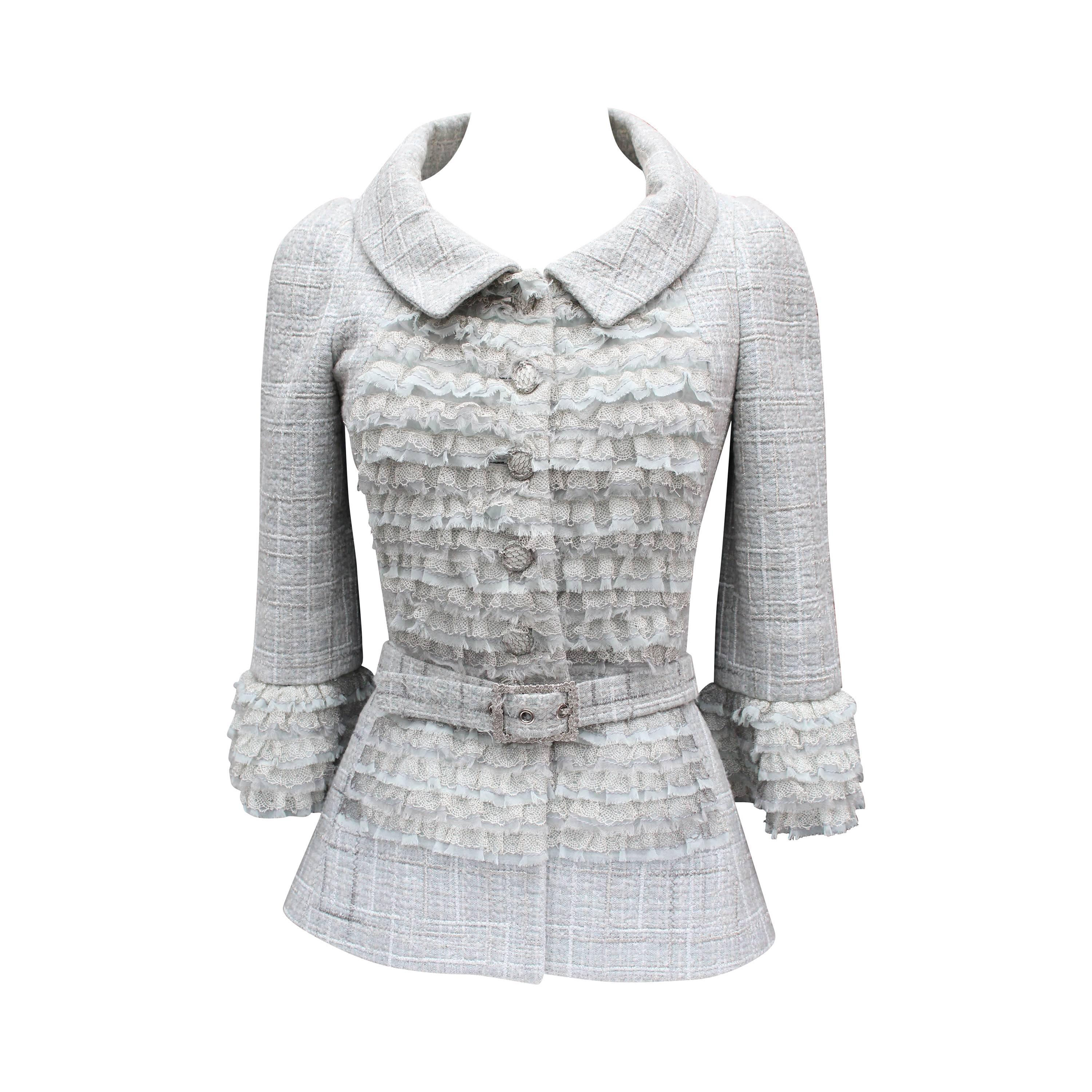 2013 Chanel Light Blue Tweed and Ruffles Jacket at 1stDibs